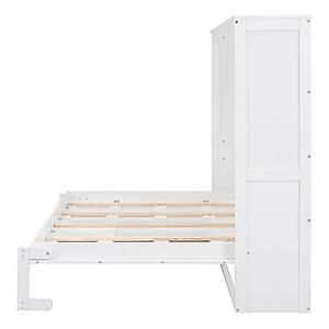 Full Size Murphy Bed Solid Wood Foldable Bed Frame Full for Kids and Teens, No Box Spring Needed (White)