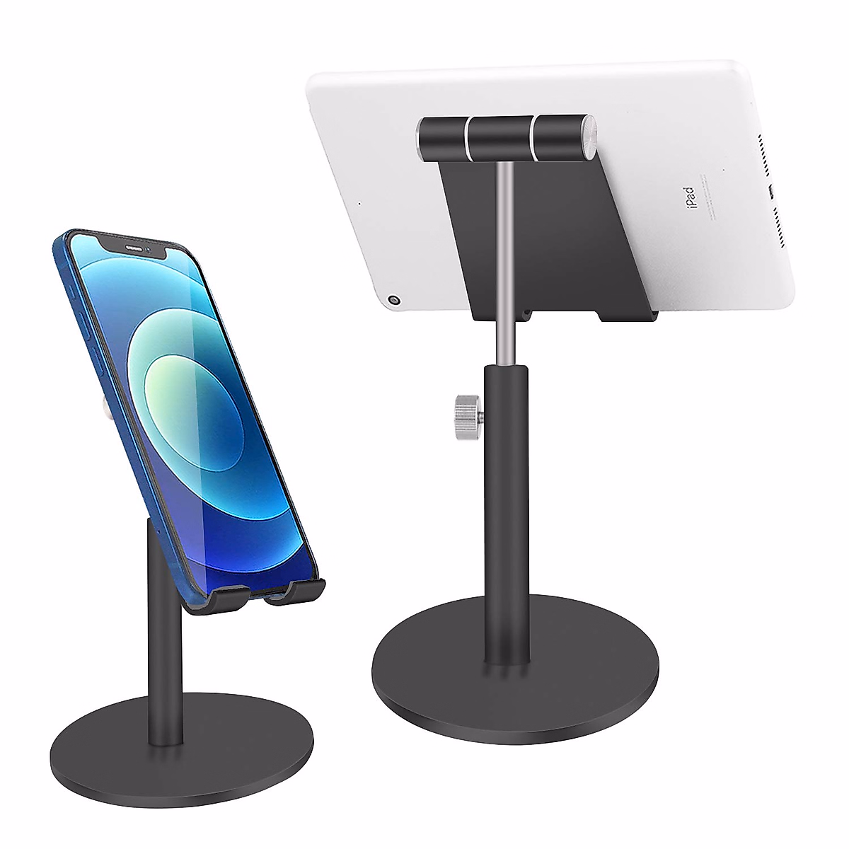 SKEJER Cell Phone Stand for Desk Adjustable Height Tablet iPhone Holder, Telescopic iPad Stand, Aluminum Alloy, Compatible with 4"-13" Smartphone Kindle Tablet Pad Phone- Black