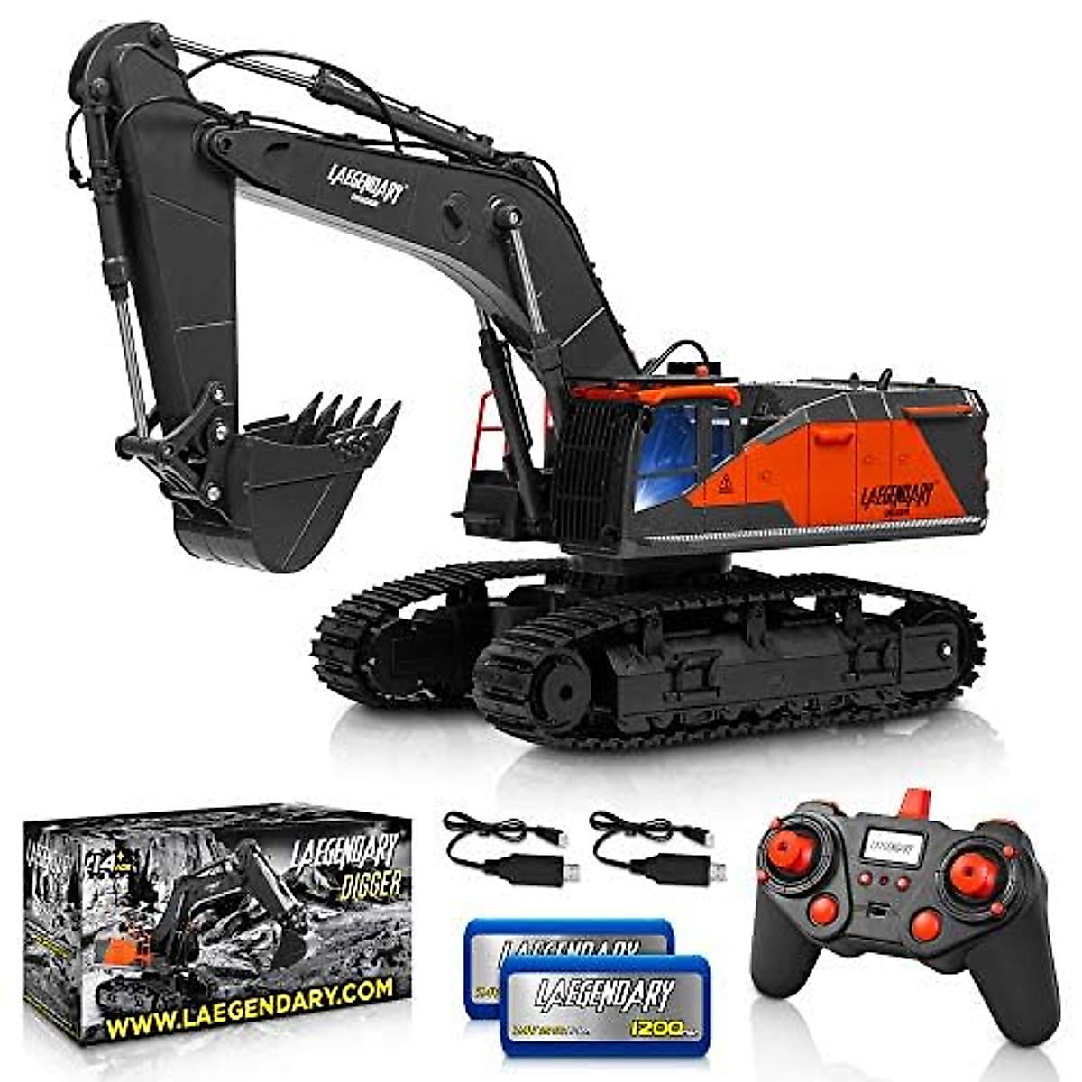 LAEGENDARY RC Excavator - Remote Control Excavator - Electric, Hobby-Grade Construction Vehicles - 1:14 Scale, Black - Red