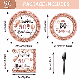 96 Pcs 50 and Fabulous Birthday Party Plates Napkins Tableware Set Rose Gold 50th Birthday Supplies Disposable Dinnerware Fifty Birthday Decoration Favors for Women, 24 Guests