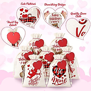 20 Pieces Valentine's Day Gift Bags with Drawstring Linen Cloth Candy Jewelry Pouches Sacks Small Muslin Bags with Heart Tag Labels and Ropes for Valentine's Day Wedding Bridal Shower, 5 x 7 Inch