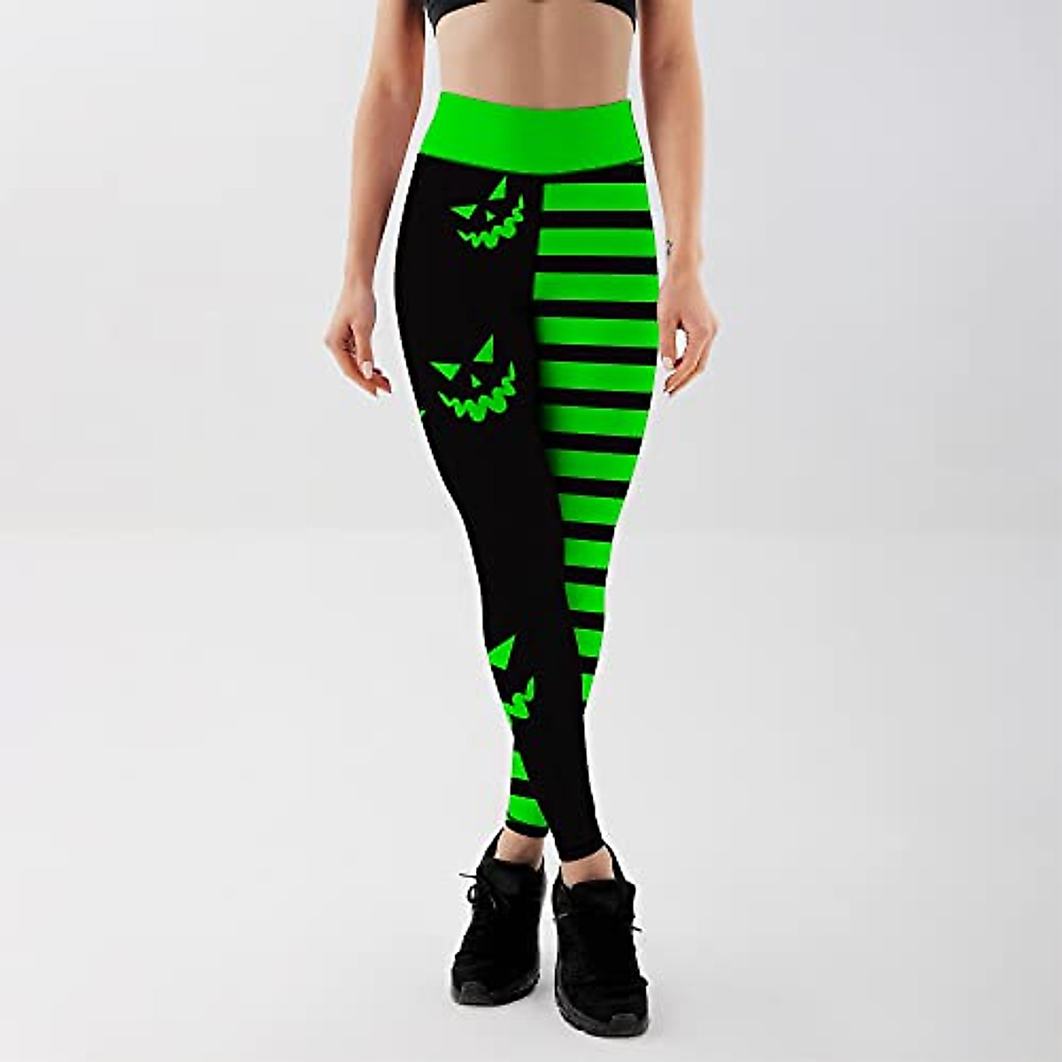 JIFRE Soft High Waist Halloween Pumpkin Head Stripes Print Legging Slim Yoga Nude Feeling Long Pants for Sportwear Fitness Running DanceL