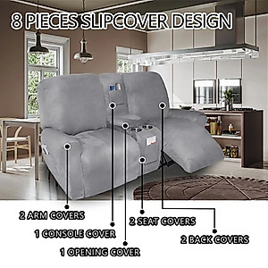 ZPUGUT Loverseat Slipcovers, Waterproof Recliner Slipcovers Double Recliner armrest Sofa Cover, Velvet Eight-Piece Set, Recliner Sofa Cover, Add Multifunctional Convenient Pocket (Gray)