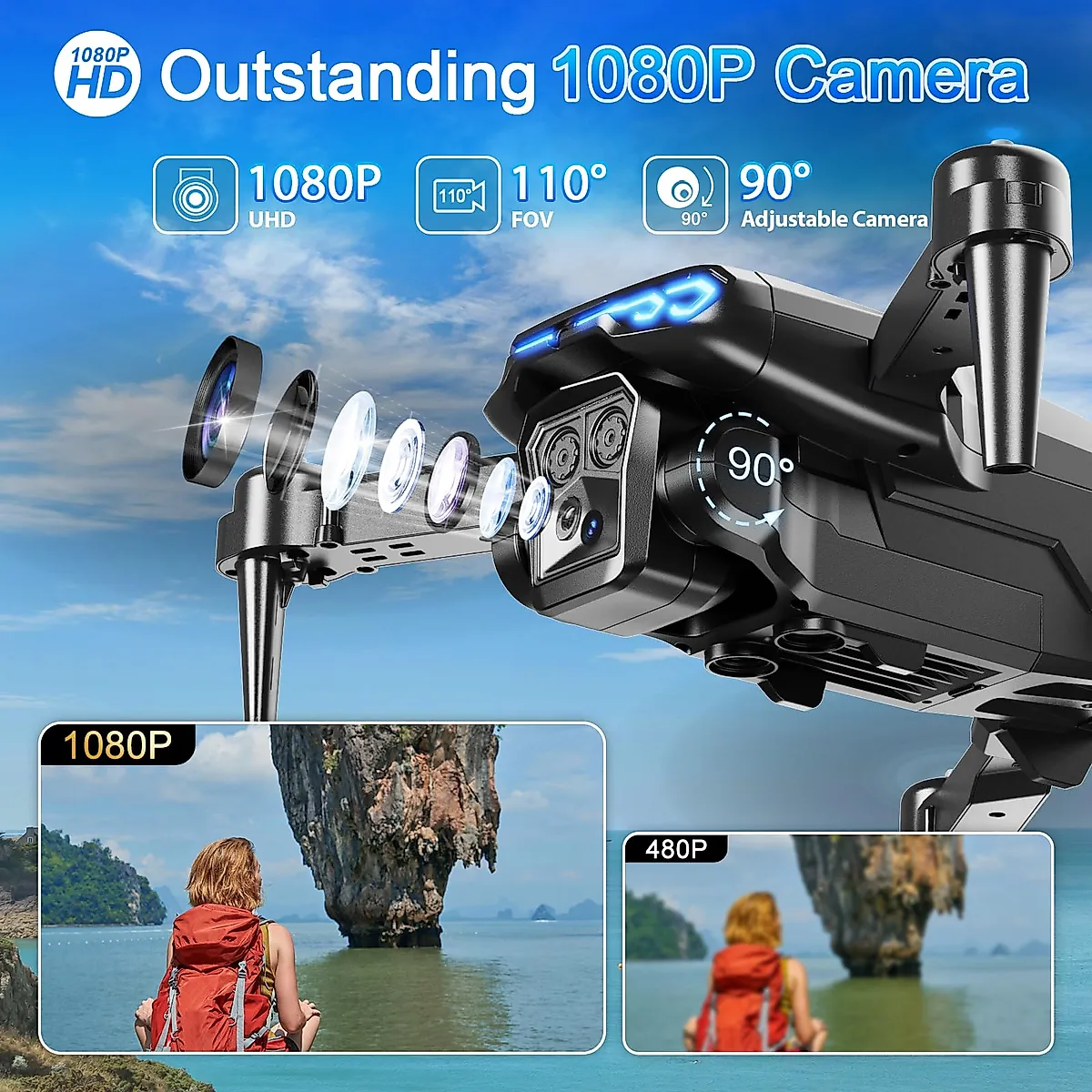 Naseto Drone with Camera 1080P HD, FPV Foldable Drone for Adults Kids, One-Key Take Off/ Landing, 3D Flips, Altitude Hold, Speed Adjustment, Headless Mode, 2 Batteries, Toys Gifts for Boys Girls, Beginner