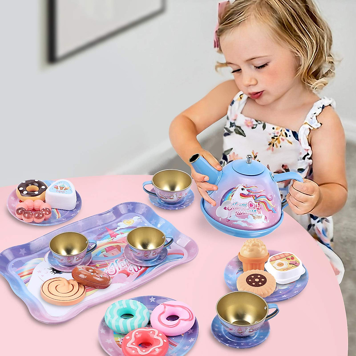 Golray Tea Party Set for Toddlers Girls Toys, Unicorn Gift for 3 4 5 6 Years Old, Tin Tea Set & Carrying Case & Food Treats Playset, Kids Kitchen Pretend Play for Age 3-6 Girls Birthday Gift Idea