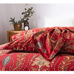 Italian Bohemian Paisley Duvet Cover 3pc Set Boho Bedding Boteh Damask Medallion 400TC Egyptian Cotton Sateen Luxury European Traditional Style Bed Linen (Red Teal, Queen)