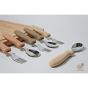 My Modern Mom Toddler Utensils - Spoons and Forks Set - 6 Pack Feeding Cutlery – Apricot, Cream and Sand Colors – Stainless Steel with Silicone Handles – Food Grade Silicone – Dishwasher Safe