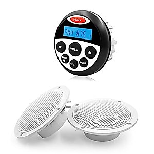 GUZARE Marine Stereo Audio Package - MP3 USB AM FM AUX in Marine Gauge Stereo Bluetooth Receiver Waterproof Radio with 1 Pair 4 Inch White Marine Speakers 304-4001W