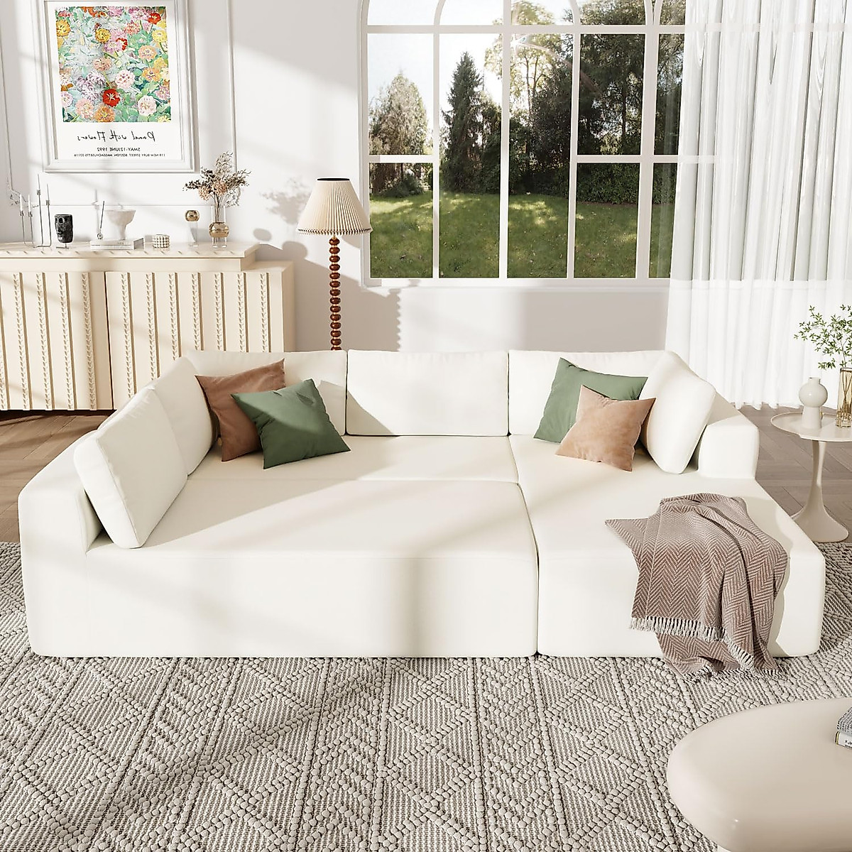 Yogald 135.6‘’ L-Shaped 4 Seats Sectional Cloud Sofa with 2 Chaise Lounges, Minimalist Style Oversized Modular Sofa, Comfy Upholstered Luxury Floor Couch Set, for Living Room Office Apartment (Beige)