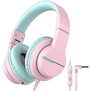 iClever HS19 Kids Headphones with Microphone for School, Volume Limiter 85/94dB, Over-Ear Girls Boys Headphones for Kids with Shareport, Foldable Wired Headphones for iPad/Travel (Pink)