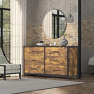 IKENO 6 Drawer Dresser for Bedroom, Industrial Wood Storage Organizer with Sturdy Steel Frame, Chests of Drawers for Bedroom Living Room Hallway