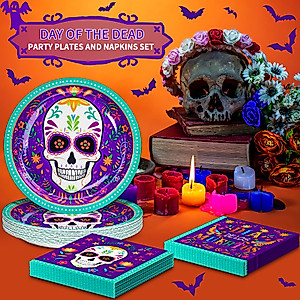 DYLIVeS Day of the Dead Plates and Napkins Party Supplies, Dia de Los Muertos Plates and Napkins Set Sugar Skull Disposable Dinnerware for Mexican Fiesta Carnival Halloween Party Decorations, Serve 50