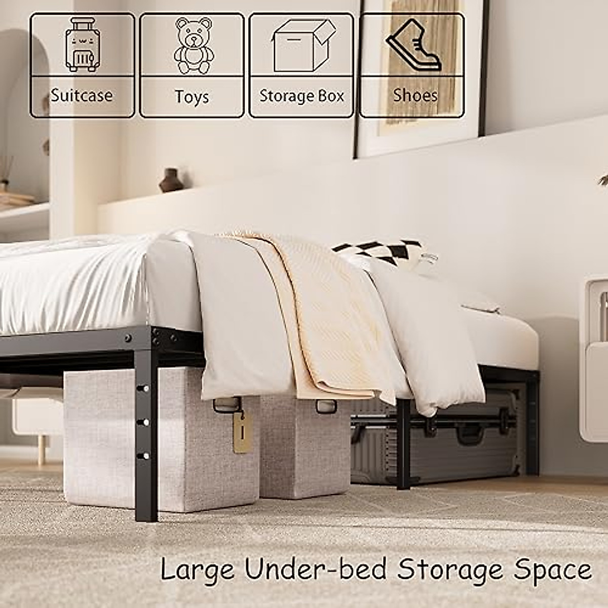 JTPTU 14 Inch Queen Size Bed Frame No Box Spring Needed,Heavy Duty Metal Queen Platform Bed Frame,Steel Slat Support, Easy Assembly, Noise Free,Black Queen Bed Frame