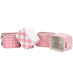 Sea Team Foldable Mini Square New Pink and White Geometric Theme 100% Natural Linen & Cotton Fabric Storage Bins Storage Baskets Organizers for Shelves & Desks - Set of 4 (Pink)