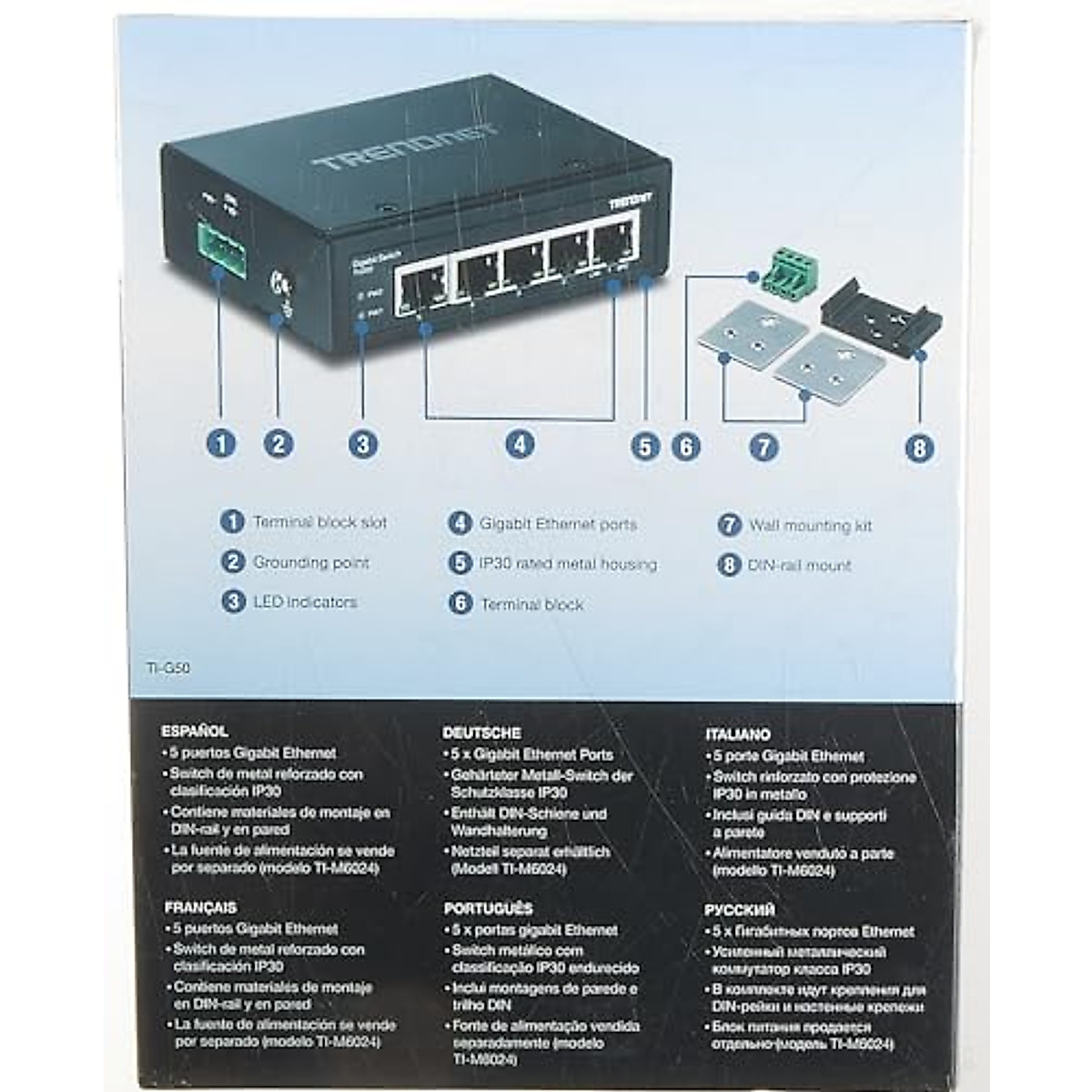 TRENDnet 5-Port Hardened Industrial Gigabit DIN-Rail Switch, 10 Gbps Switching Capacity, IP30 Rated Network Switch (-40 to 167 ºF), DIN-Rail and Wall Mounts Included, Lifetime Protection,Black,TI-G50