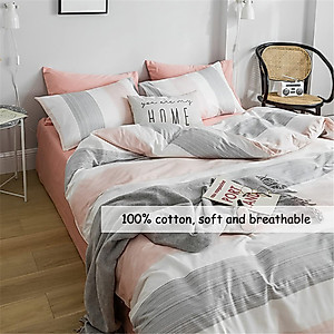 DREAMINGO Striped Bedding Set Modern Peach White Gray Color Duvet Cover 2 Pillow Cases Set Premium Cotton Queen Girls Duvet Cover Simple Home Chic Style Bed Set (No Filling)