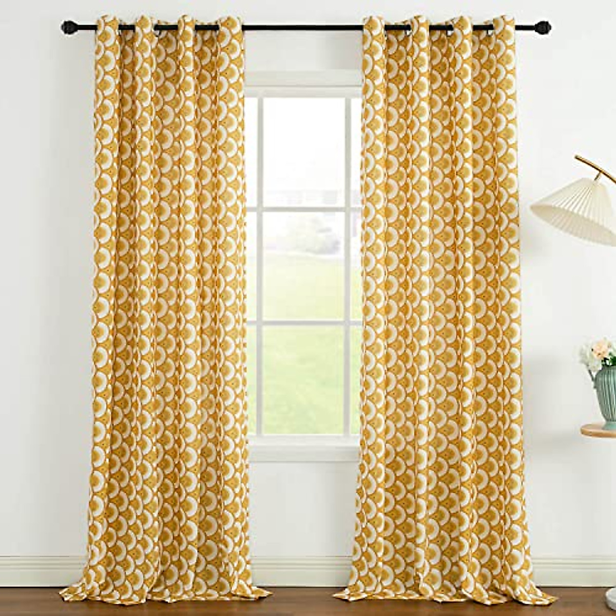 VOGOL Thermal Insulated Window Room Grommet Curtain Drapes for Bedroom and Living Room, Set of 2 Curtains & Panels, 52 x 84 Inches, Yellow Geo Pattern in White