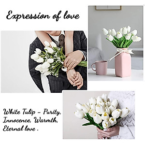 KOILLUXU Artificial Flowers 30pcs Bouquet 14" Tall Real Touch Tulips, White PU Fake Tulips Flowers for Arrangement Wedding Party or Easter Spring Home Centerpiece Dining Room Office Table Decoration