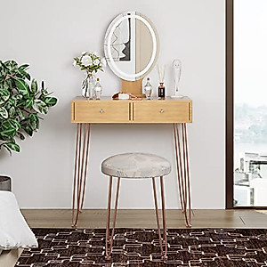 Forsho Dress Table Makeup Table White Vanity Set with 3-Color Dimmable Lighted Mirror Makeup Desk with 2 Drawers and Yellow Padded Stool