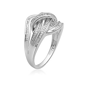 Jewelili Sterling Silver 1/3 Cttw Natural White Baguette and Round Diamond Crossover Ring, Size 7