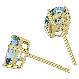 Peora Solid 14K Yellow Gold Aquamarine Earrings for Women, Genuine Gemstone Birthstone Solitaire Studs, Hypoallergenic 7x5mm Oval Shape, 1.25 Carats total, Friction Back