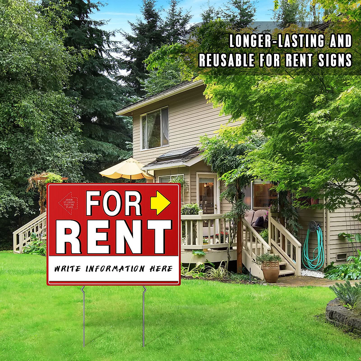 For Rent Sign with Tall Stakes, 17" x 13", For Rent Sign with Arrow Stickers, Double-Sided Yard Signs, For Rent Signs with Metal Stakes, WEATHER-PROOF, (2 Pack)