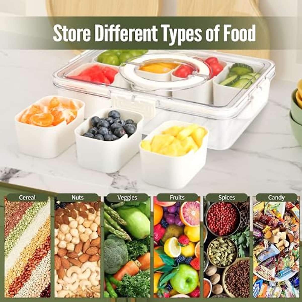 Snackle Box Container, Divided Serving Tray with Lid and Handle, 8 Compartments Serving Platters and 10 Stainless Steel Forks, Perfect for Organizing and Storing Candy, Fruits, Nuts, Snacks