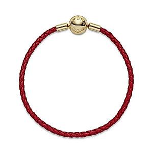 PANDORA Moments Woven Leather Bracelet with 18k Gold-Plated Clasp - Compatible Moments Charms - Charm Bracelet for Women - Features Shine & Leather - Gift for Her - Red, 7.5"
