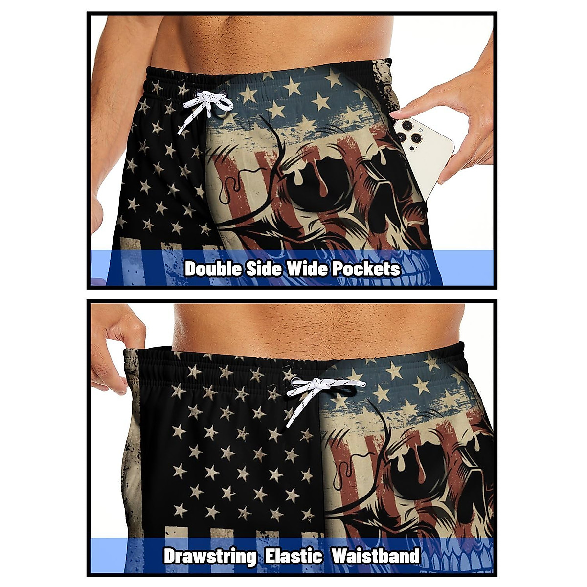 Partrest American Flag Skull Men's Swim Trunks with Compression Liner - 7 Inch American Flag Board Shorts for Beach