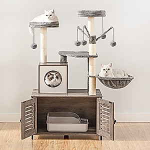 HOOBRO Cat Tree with Litter Box Enclosure, Cat Tower with Scratching Posts for Indoor Cats, All-in-One Wooden Cat House Furniture, Cat Condo with Hammock, Detachable Teaser Sticks, Greige BG14MZ03