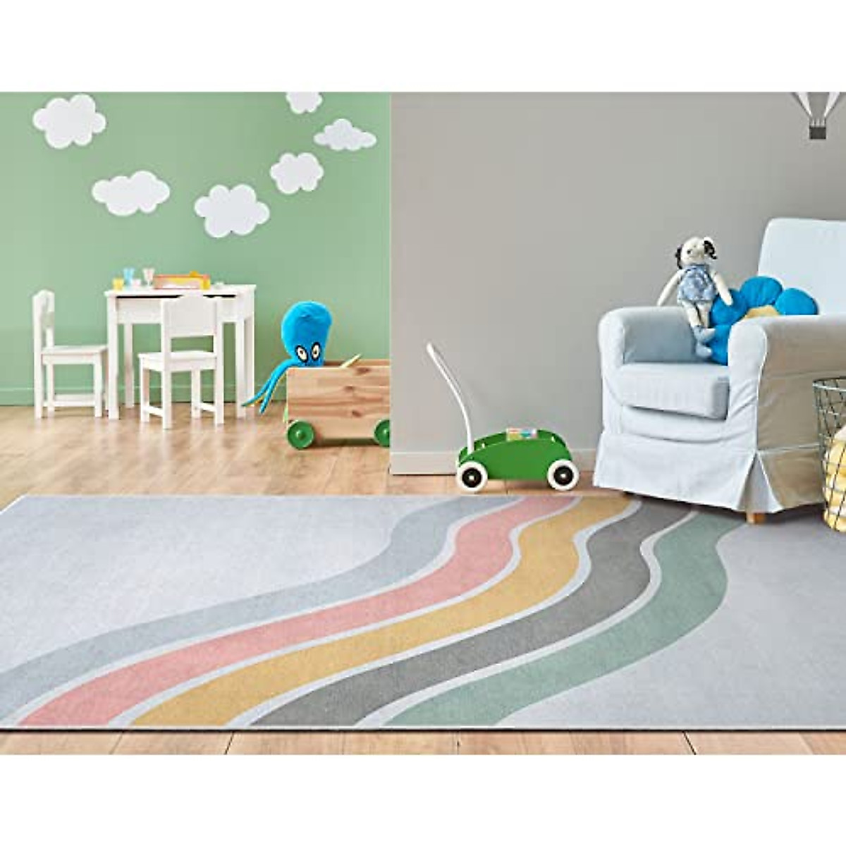 Well Woven Kids Modern Rugs Curved Rainbow 5' x 7' Multi Color Printed Machine Washable Area Rug