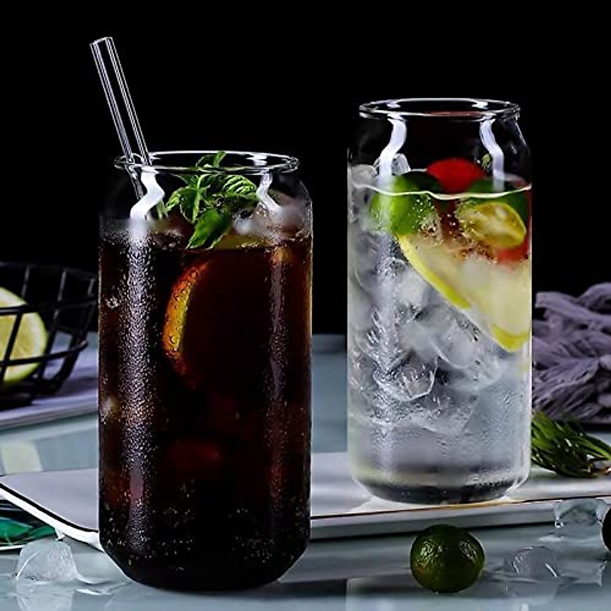 Tronco Beer Can Glasses with Bamboo Lid and Glass Straws 6pcs Set, 20oz Glass Cups Shaped Drinking Glasses,Iced Coffee Glasses, Ideal for coffee, Tea, Soda