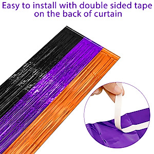 2 Packs 3.3ft x 8.2ft Halloween Orange Purple Black Tinsel Foil Fringe Curtains, Metallic Foil Curtains for Home Outdoor Halloween Party Photo Booth Props Wall Windows Decorations