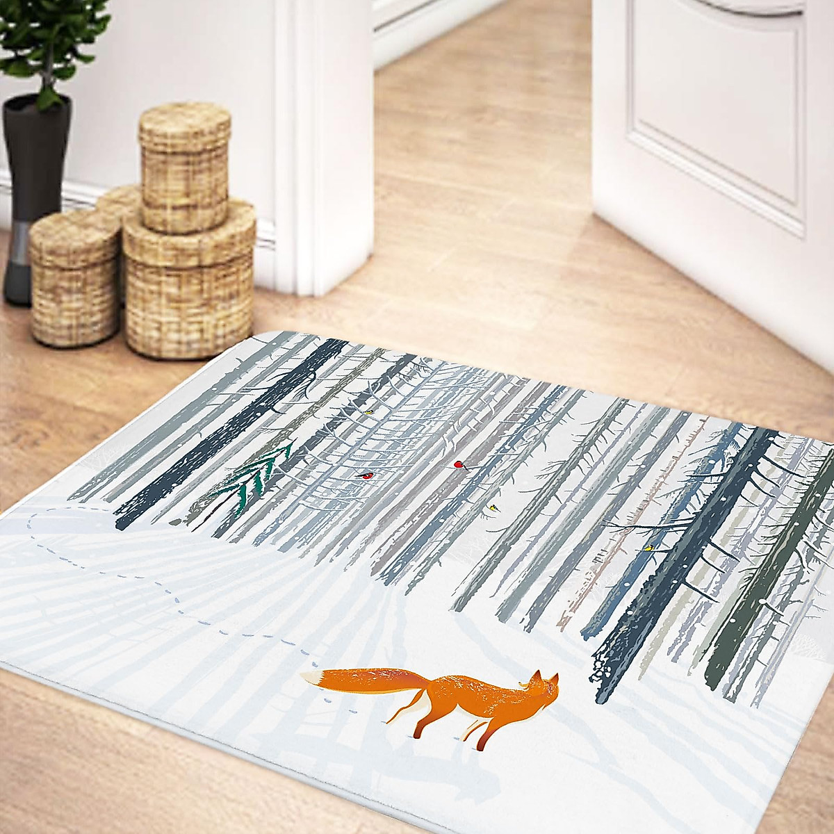 JAWO Winter Christmas Bath Mat Snow Covered Pine Trees Winter Season Animal Red Fox and Cardinals Idyllic Seasonal Scenery Bathroom Decor Bath Rug Non Slip Soft Rugs 29 x 17 Inches