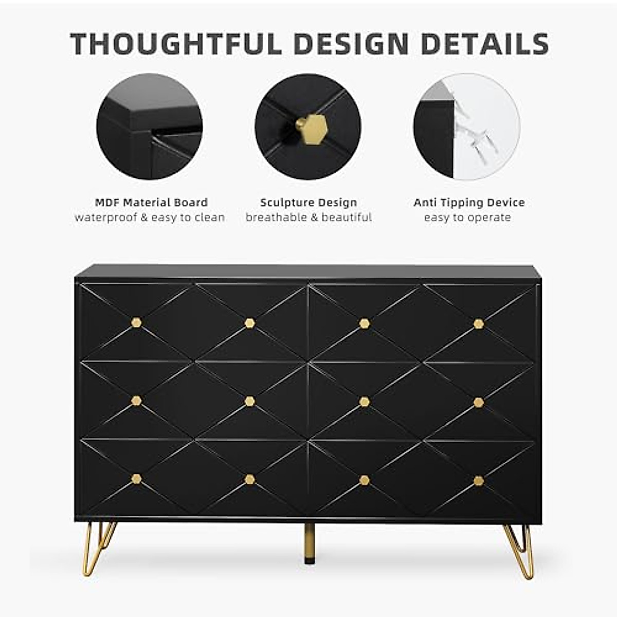 DWVO Large 6 Drawer Dresser for Bedroom, Black Wood Dresser Chest of Drawers with Fluted Panels, Modern 47" W TV Stand Double Dressers Storage Cabinet for Living Room, Hallway, Entryway