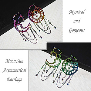 AntDear Asymmetrical Sun and Moon Earrings for Women Dangling, Rainbow Boho Earrings Star Tassel Chain Drop Dangle Statement Earrings Stainless Steel Bohemian Jewelry (Rainbow)