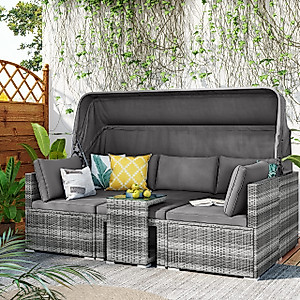 BIADNBZ 5 Pieces Wicker Patio Furniture Set, Outdoor Sectional Sofa PE Rattan Daybed with Retractable Canopy and Tempered Glass Side Table for Garden Poolside Backyard, Gray
