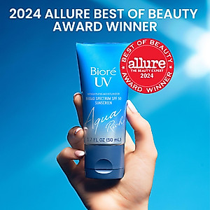 Biore UV Aqua Rich Daily Hydrating Facial Moisturizer with SPF 50 | Oil Free Sunscreen & Primer for Makeup with Hyaluronic Acid, No White Cast, Non-Comedogenic, For Sensitive Skin, PA++++, 1.7 Oz