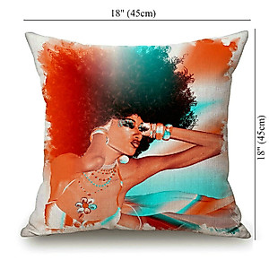 Sexy African American Woman Decorative Throw Pillow Cover Fashion Black Girls Lady Chic Afrocentric Cotton Linen Pillow Case Square Cushion Covers for Couch Sofa 18 x 18 Inch