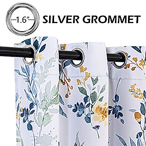 MYSKY HOME Floral Blackout Curtains 63 Inch Long Living Room Bedroom Curtains Thermal Insulated Curtains Room Darkening Curtains Printed Flower Leaf Window Treatments, 2 Panels, Yellow and Blue