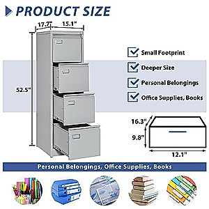 Anxxsu 4 Drawer File Cabinet, Filing Cabinets for Home Office, Metal Vertical File Storage Cabinet with Lock, Locking File Cabinet for A4 Legal/Letter, 15.1" W x 17.7" D x 52.5" H, Assembly Required