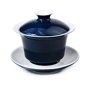 Liang baobao Porcelain Gaiwan 5oz/150ml Teacup White Glazed Tea Cup Tureen Chinese Sancai Cover Bowl Lid Saucer Set (Blue)