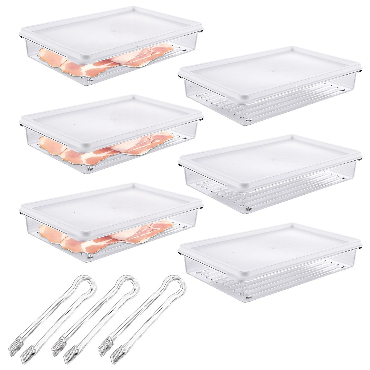 LOYORTY 6PCS Deli Meat Container for Fridge with Airtight Lids, Lunch Meat Container for Refrigerator, Bacon Storage Container for Fridge, with 3 Pcs Serving Tongs