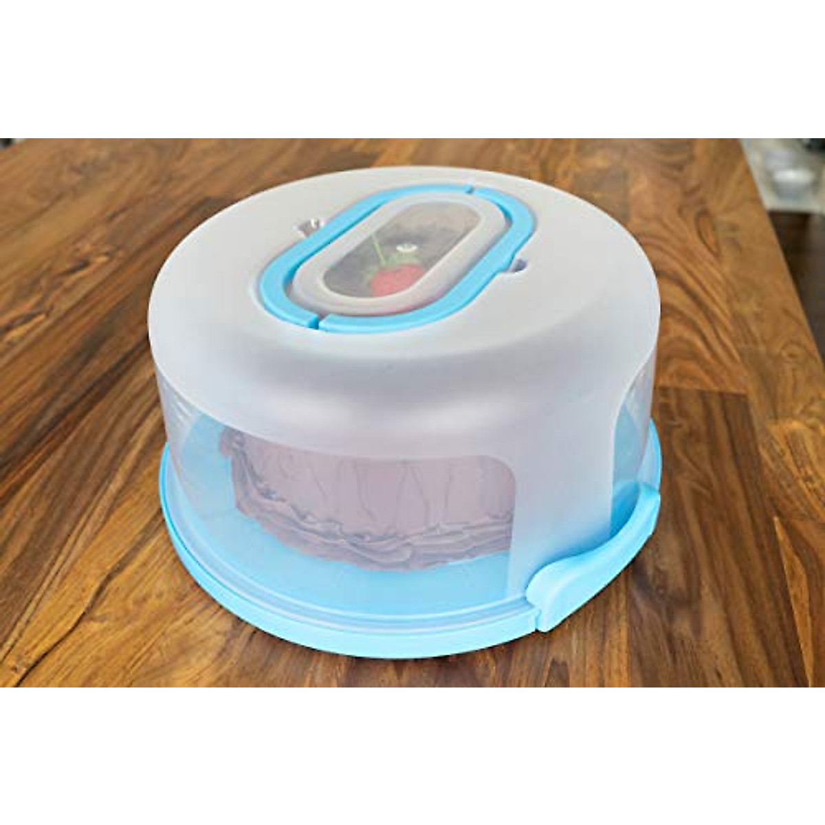 Red Co. 11 inch Cake & Cupcake Muffin Carrier Holder with Collapsible Handles, Blue Tray/Clear Lid