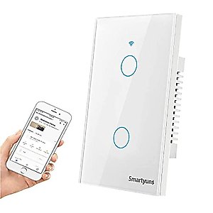 Smartyuns WiFi Smart Wall Light Switch White, Tempered Glass Panel Touch Light Switch 2 Gang Switch for 1 Gang Wall Box, Timer Function, Wireless Lighting Control (2 Gang Light Switch White)