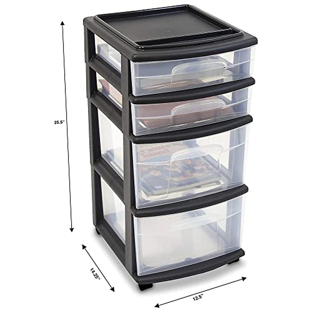 Homz Plastic 4 Clear Drawer Medium Home Organization Storage Container Tower with 2 Large Drawers and 2 Small Drawers, Black Frame