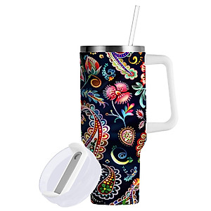xigua 30 oz Paisley Flower Tumbler with Handle and Straw Lid, Stainless Steel Vacuum Insulated Sports Water Bottle, Keeps Cold or Hot Coffee Cup Travel Mug