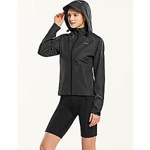 TSLA Women's Cycling Windbreaker Jacket, Waterproof Running Workout Rain Jackets, Packable Reflective Hiking Hoodie, Cycling Black, Small