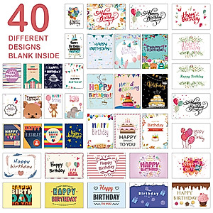 feela Birthday Cards Bulk, 320 Pack 40 Designs Happy Birthday Card Assortment Box with 320 Blank Envelopes, 336 Pieces of Stickers, 12 Washi Tapes, Greeting Cards for Employees Family, 4” X 6”