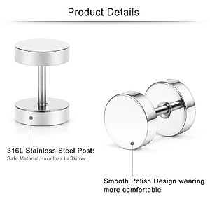 Cisyozi Flat Back Earring stud for Men 18gauge cute Black Silver Earring Stud Stainless Surgical Steel tragus cartialge helix ear lobe Disc Circle Round CZ Gem Fake Gauge Dot Earring Set fo Women Men